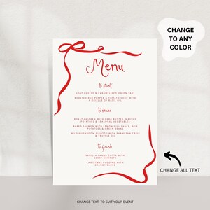 Red Bow Menu Template Printable, Hand Drawn Line Art Christmas Food ...