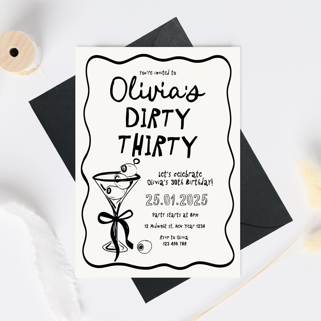 Dirty Thirty Martini Birthday Invitation Template, 30th Birthday ...