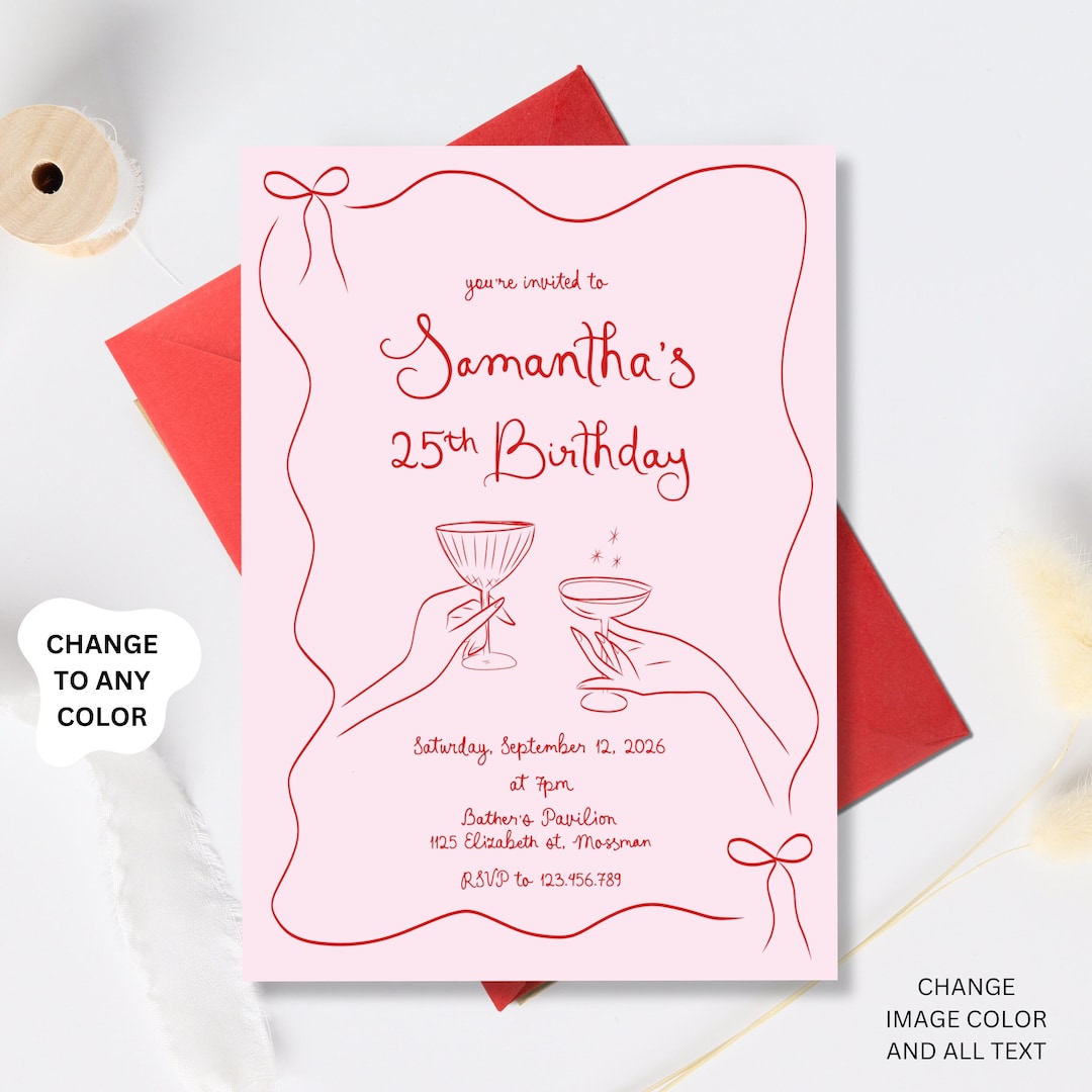 25th Birthday Invitation, Whimsical Twenty Five Birthday Invite, Red ...