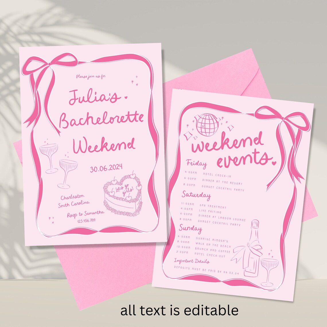 Pink Bachelorette Weekend Invitation, Hens Weekend Wavy Invite Pretty ...