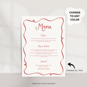 Red Wedding Menu Template Printable, Hand Drawn Line Art Illustrated ...