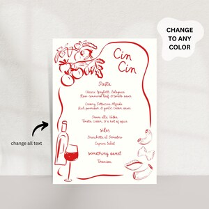 Red Italian Inspired Menu Template Printable, Hand Drawn Line Art ...