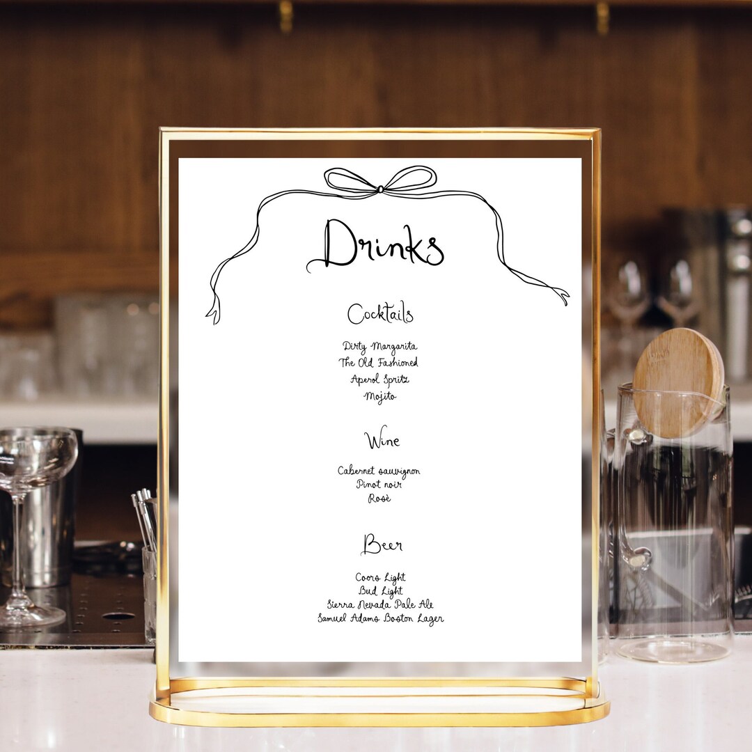 Drinks Menu Template Printable, Hand Drawn Line Art Illustrated Wedding ...