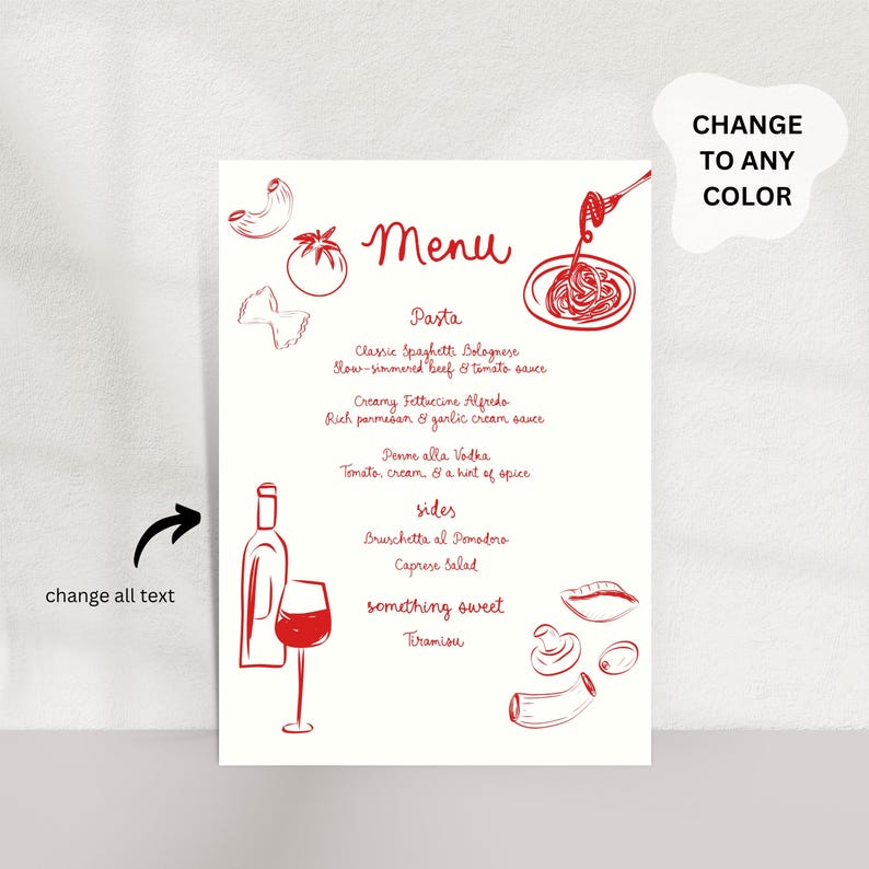 Red Italian Inspired Menu Template Printable, Hand Drawn Illustrated ...