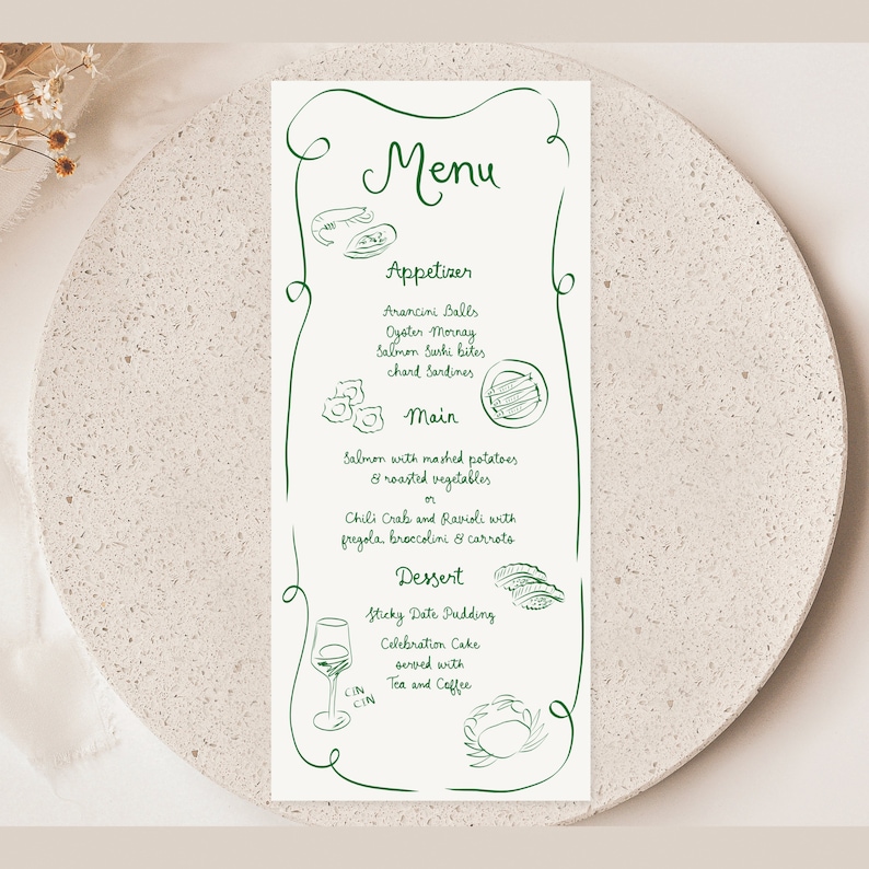 Whimsical Wedding Menu Template Printable, Hand Drawn Line Art ...