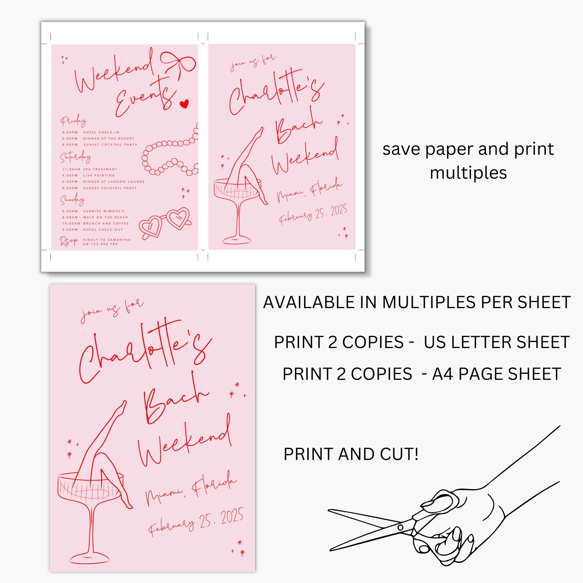 Bachelorette Party Invitation Template and Itinerary Template, Red and ...