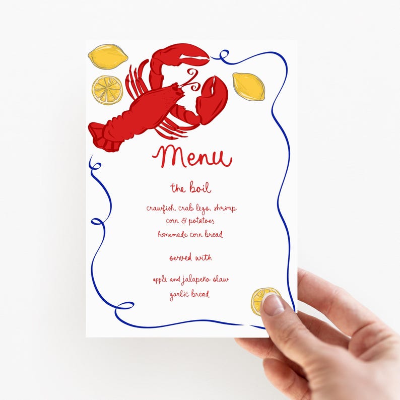 Whimsical Crawfish Boil Menu Template Printable, Hand Drawn Line Art ...