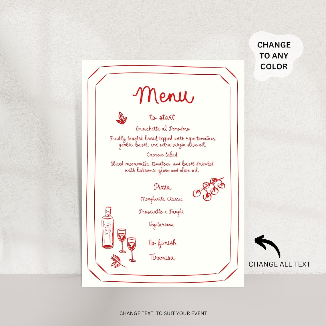 Red Italian Inspired Menu Template Printable, Hand Drawn Line Art ...