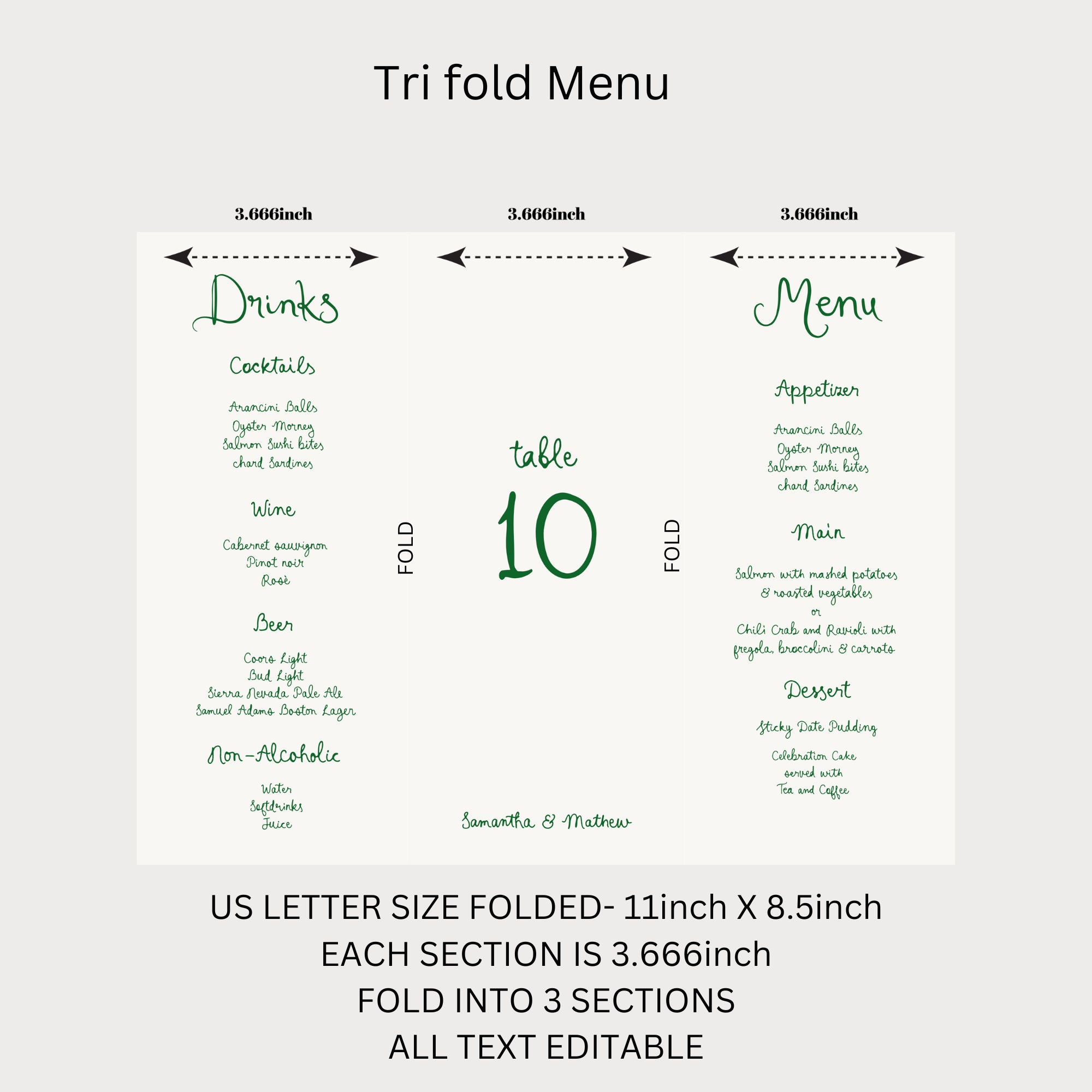 Whimsical Wedding Menu Template Printable, Handwritten Tri Fold Menu ...