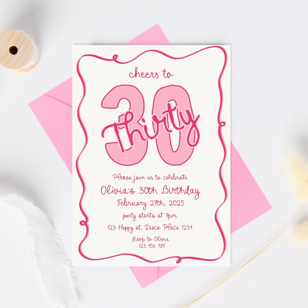 Pink 30th Birthday Invitation Template, Pink Wave 30th Birthday Invite ...