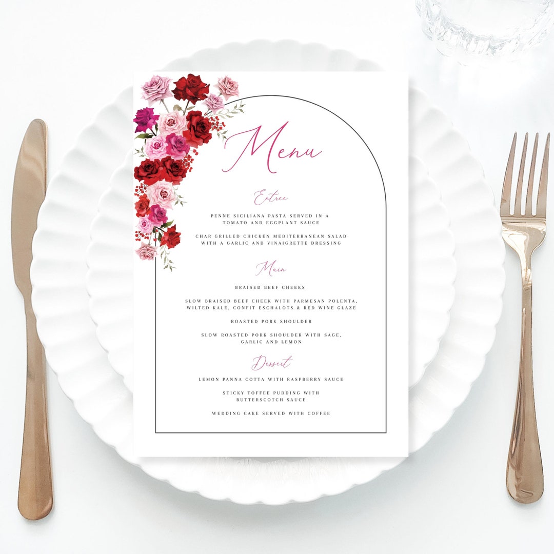 Pink Flower Bridal Shower Menu Template, Pink Wedding Menu, Pink Red ...