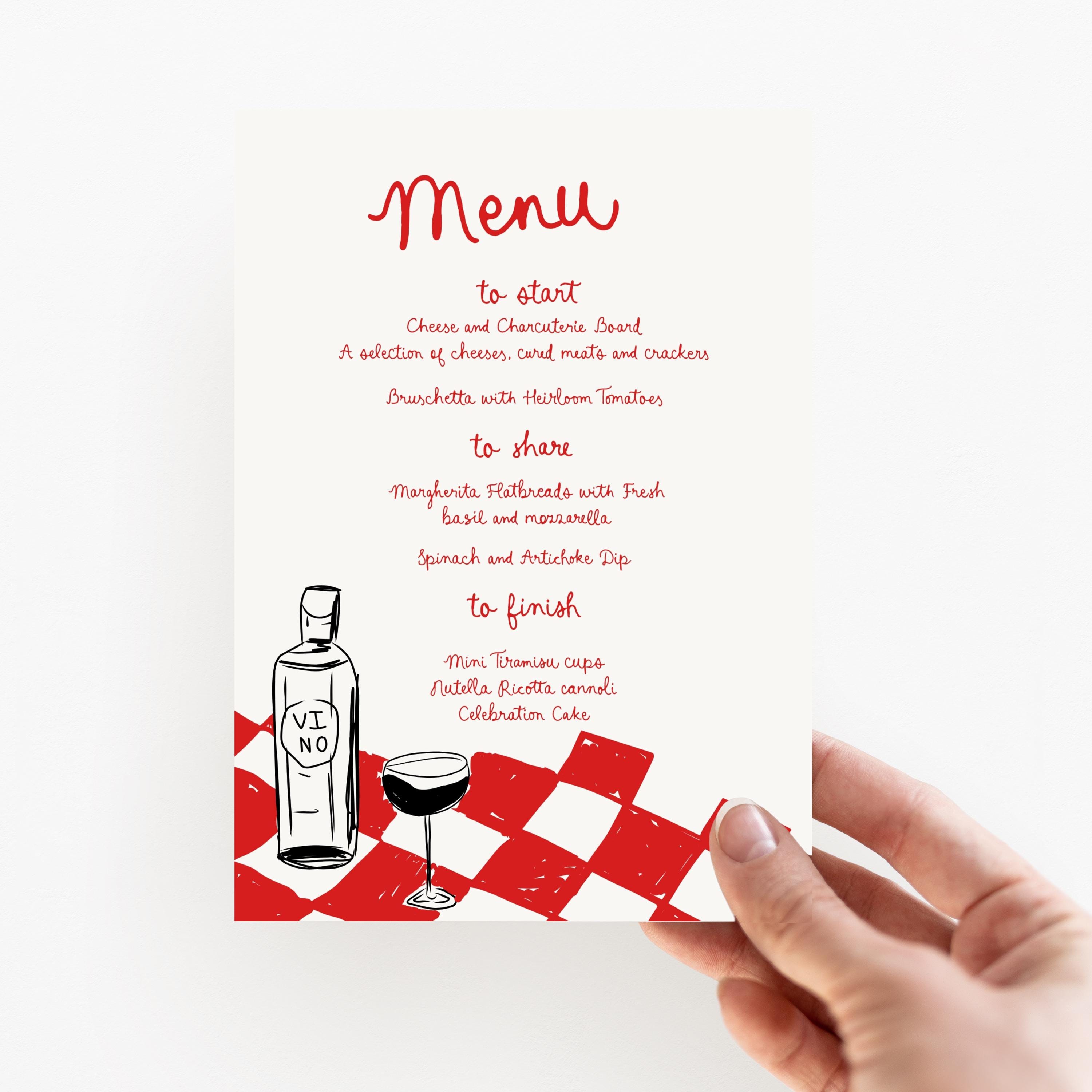 Red Italian Inspired Menu Template Printable, Hand Drawn Line Art Vino ...