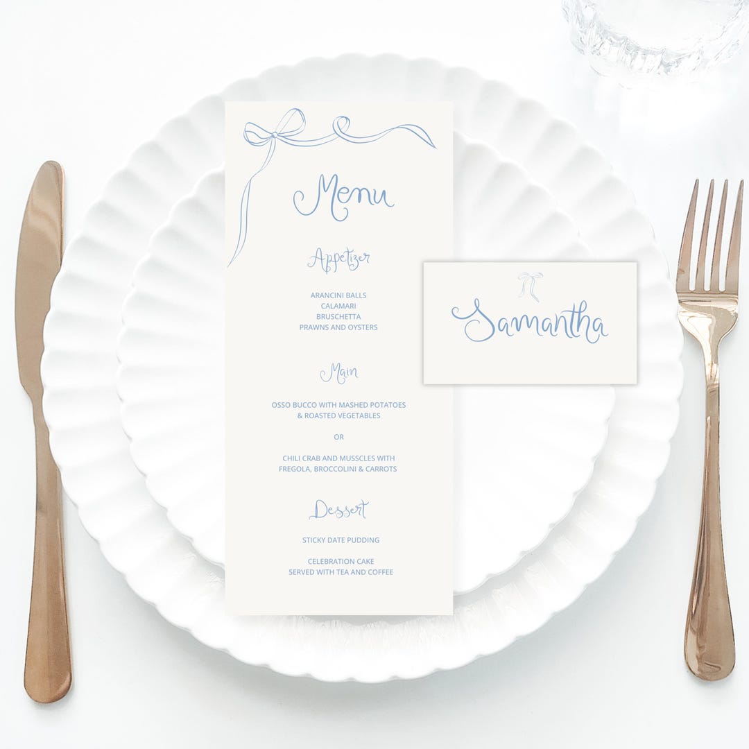 Bow Blue Menu Template Printable Blue Baby Shower Menu Handwritten ...