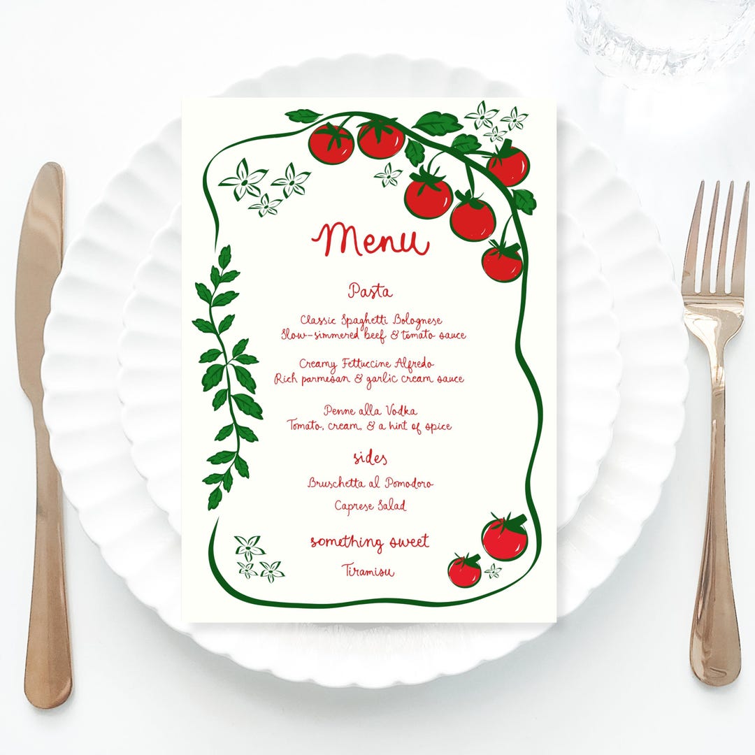 Red Italian Inspired Menu Template Printable, Hand Drawn Line Art ...