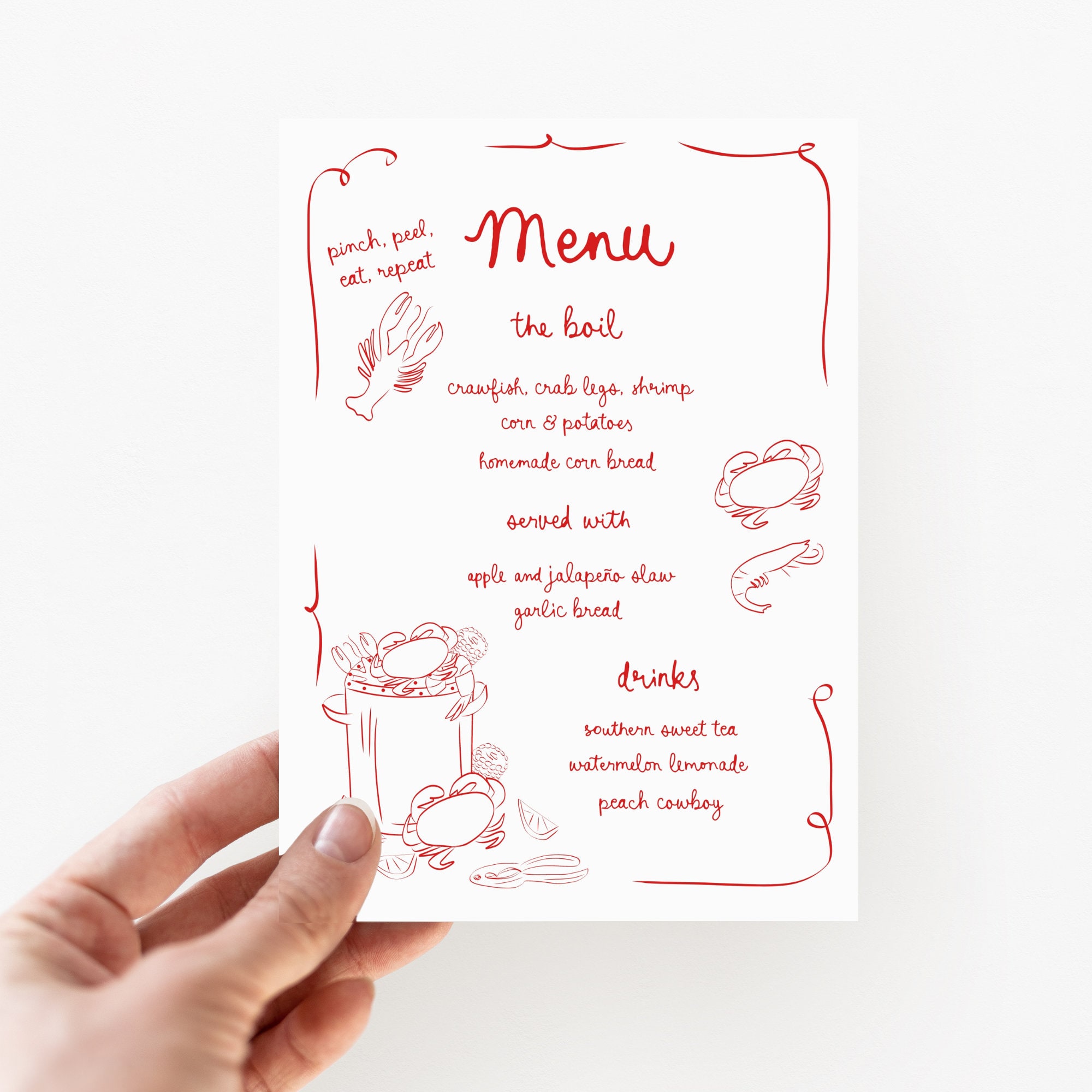Whimsical Crawfish Boil Menu Template Printable, Hand Drawn Line Art ...