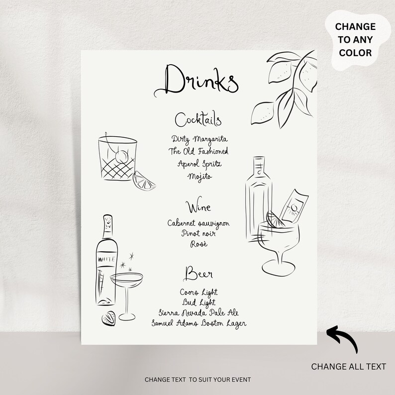 Drink Bar Menu Template Printable, Hand Drawn Line Art Illustrated Bar ...