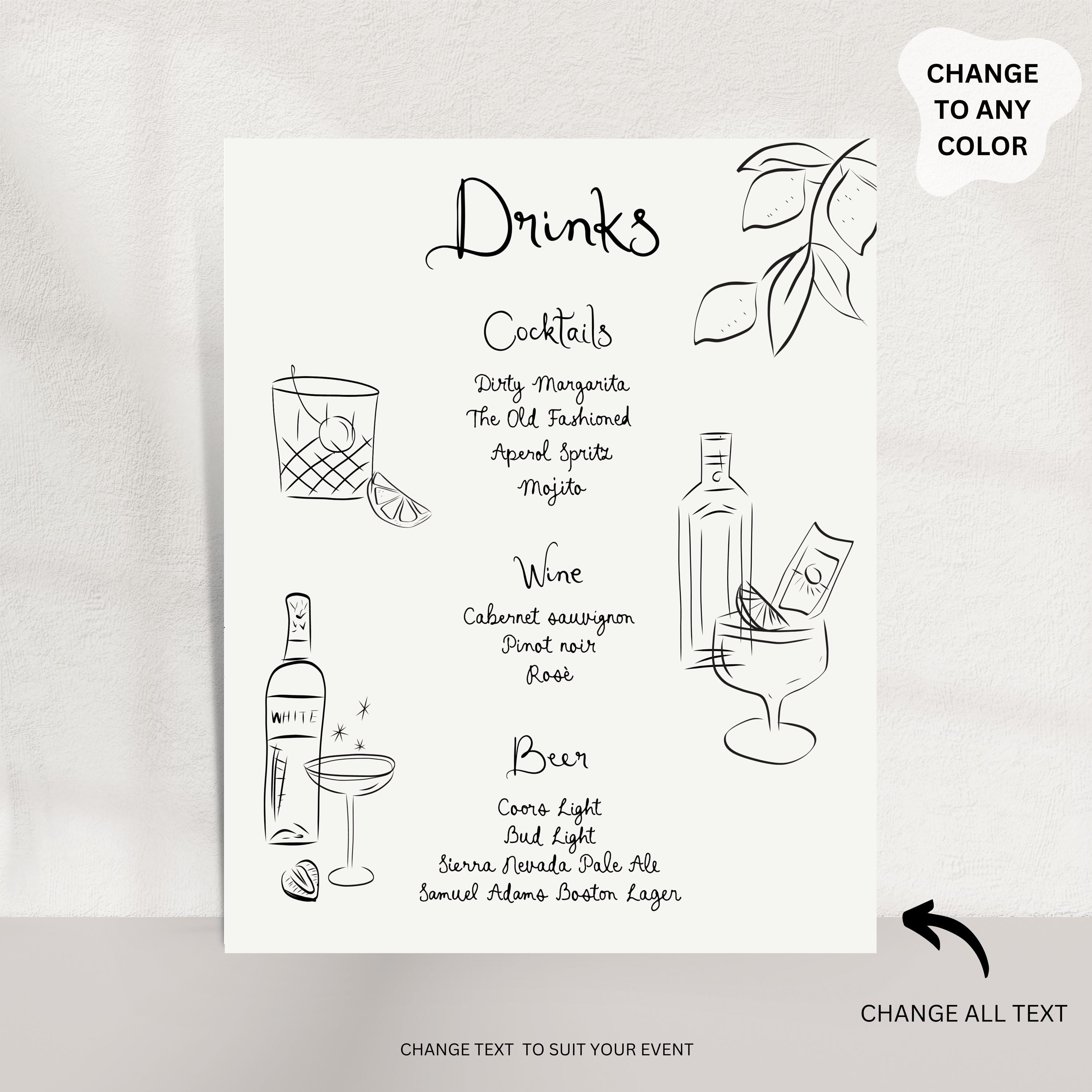 Drink Bar Menu Template Printable, Hand Drawn Line Art Illustrated Bar ...