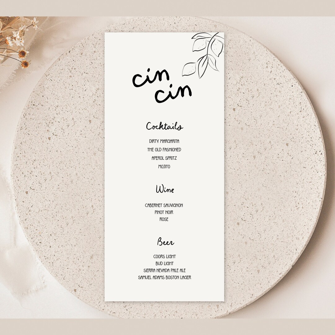 Drinks Menu Template Printable, Hand Drawn Line Art Illustrated Wedding ...