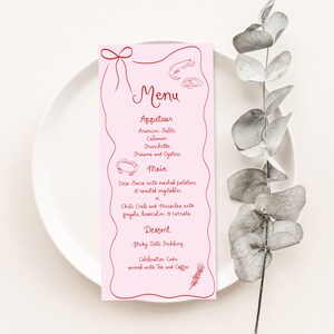 Pink Wedding Menu Template Printable, Hand Drawn Line Art Illustrated ...