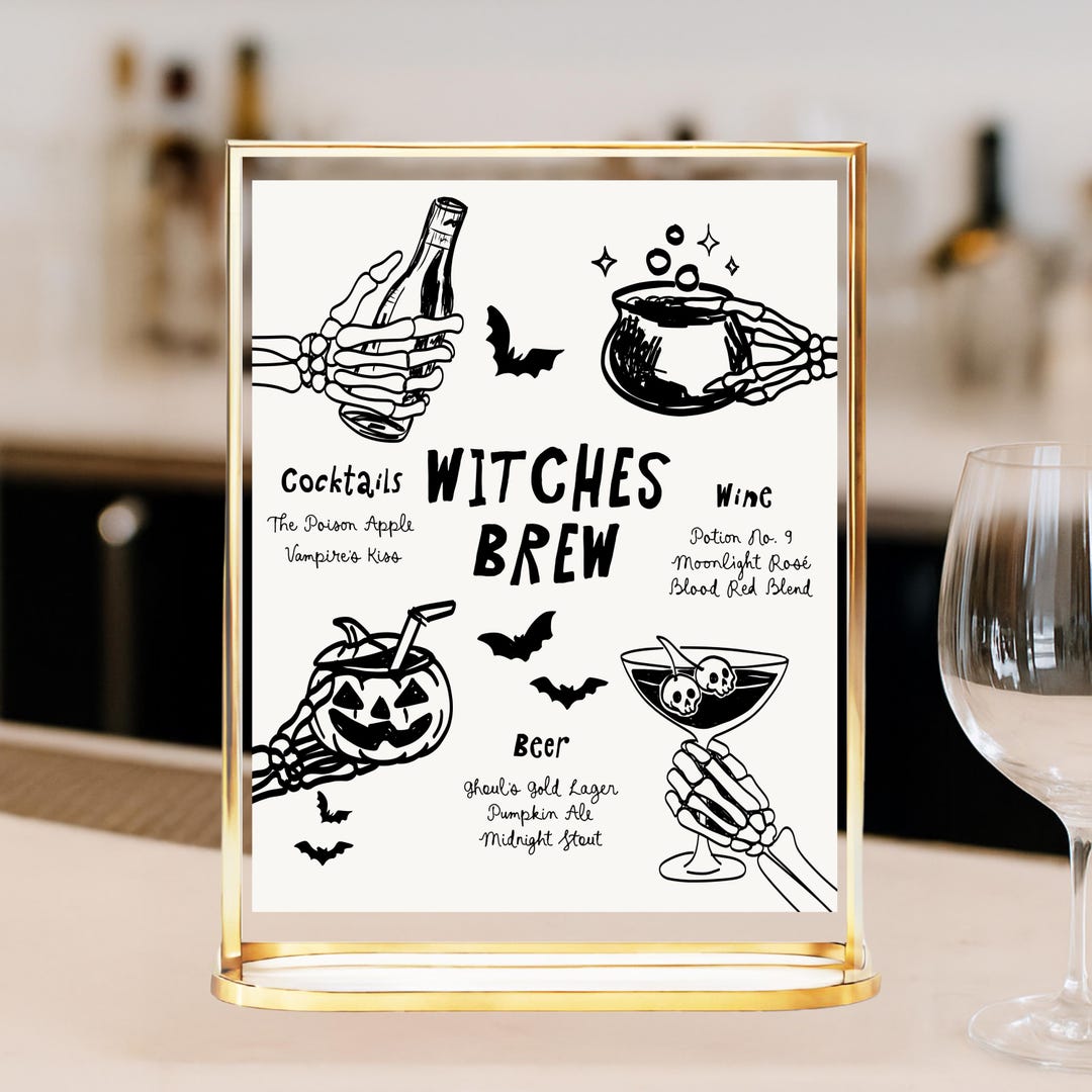 Witches Brew Bar Sign Template, Skeleton Halloween Bar Menu Sign ...