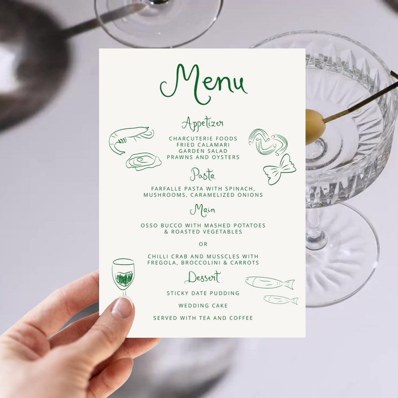Whimsical Wedding Menu Template Printable, Hand Drawn Line Art ...