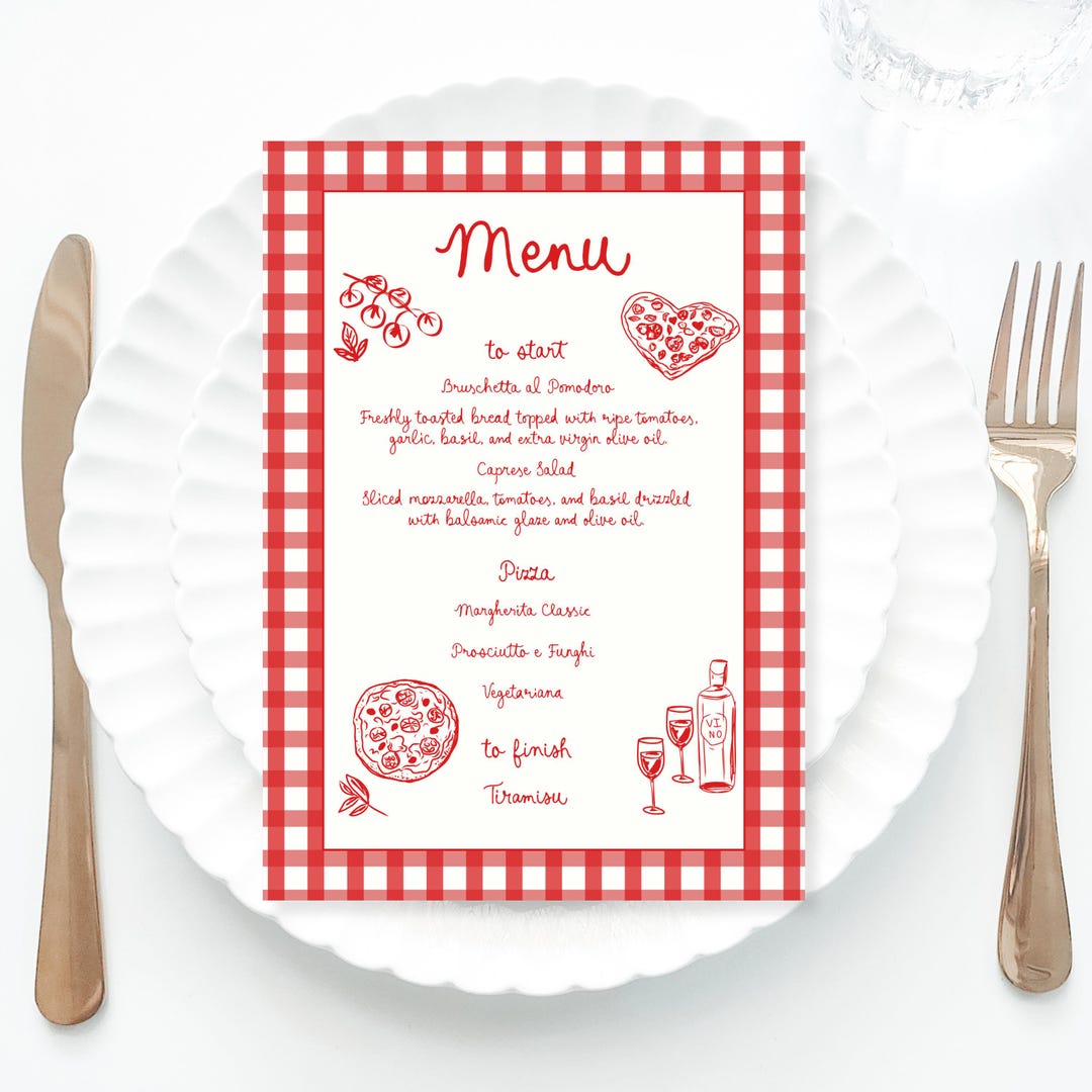 Red Italian Inspired Menu Template Printable, Hand Drawn Line Art ...