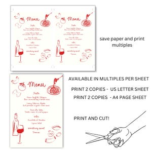 Red Italian Inspired Menu Template Printable, Hand Drawn Illustrated ...