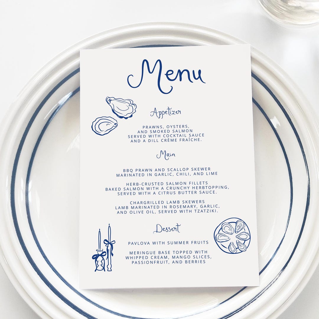 Blue Dinner Menu, French Bistro Menu Printable, Elegant Editable ...