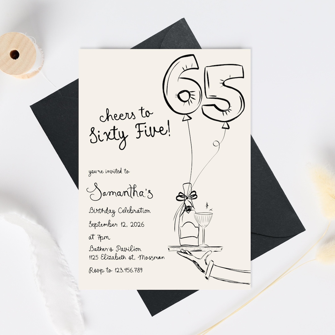 65th Birthday Invitation Template, 65th Birthday Invite, Hand Drawn ...