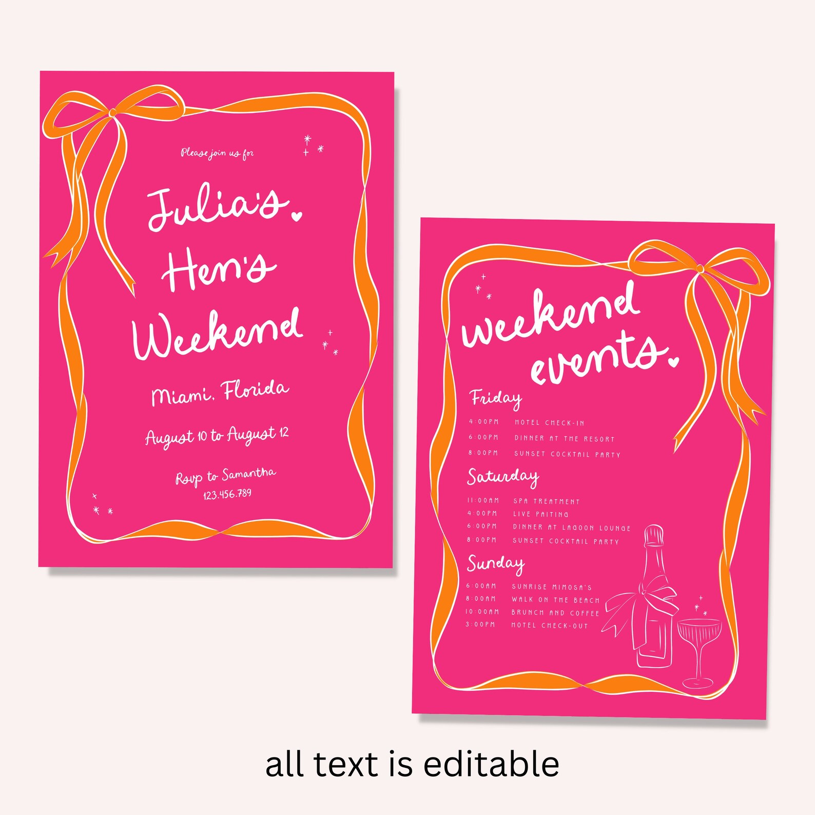 Pink Hens Weekend Wavy Invite Pretty Bow Orange Pink Bachelorette ...