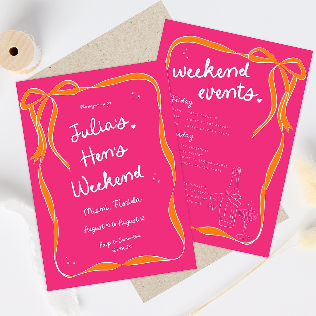 Pink Hens Weekend Wavy Invite Pretty Bow Orange Pink Bachelorette ...