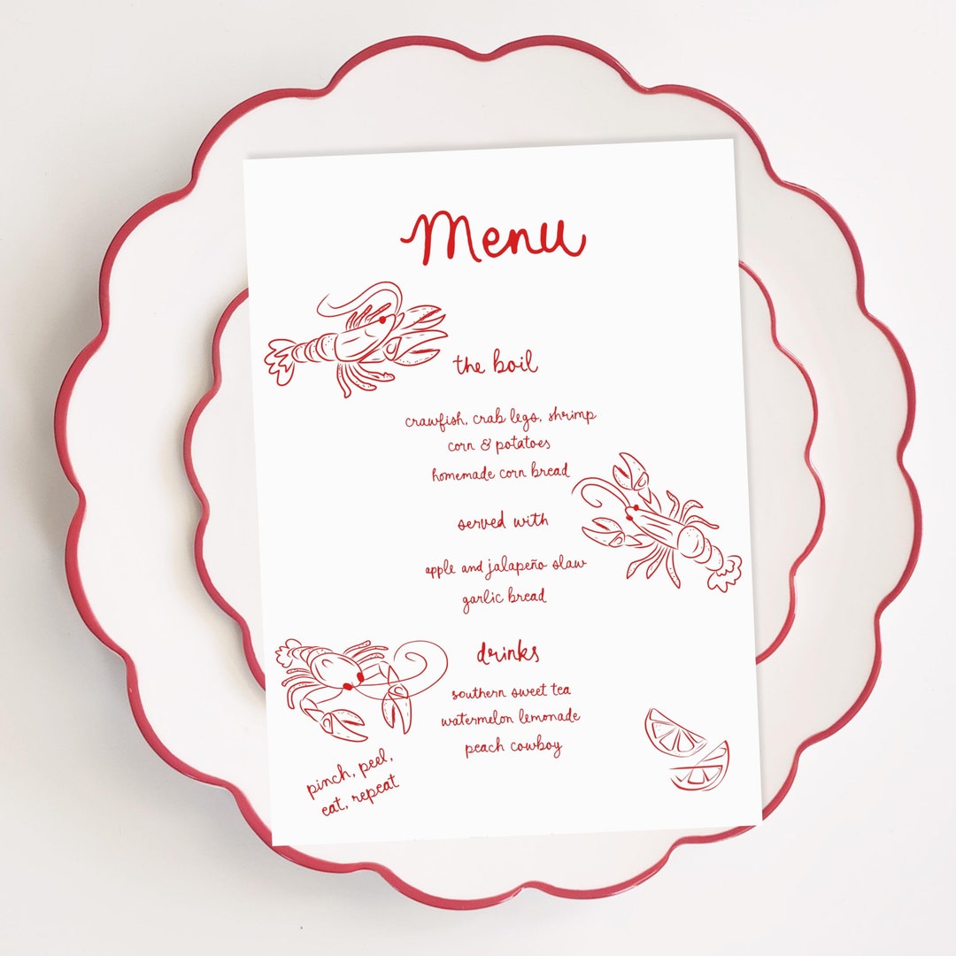 Whimsical Crawfish Boil Menu Template Printable, Hand Drawn Line Art ...