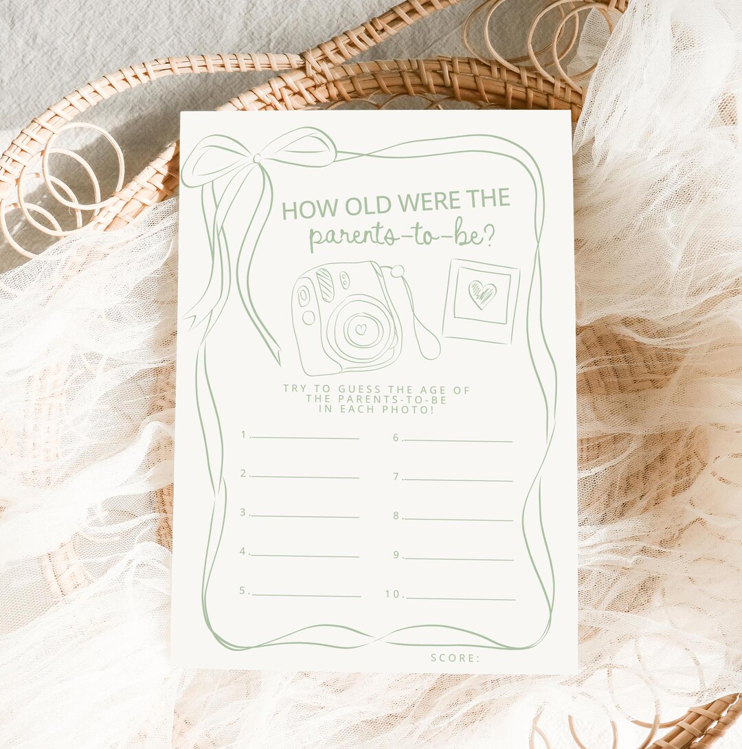 Baby Shower Game How Old Were the Parents-to-be, Whimsical Green Bow ...