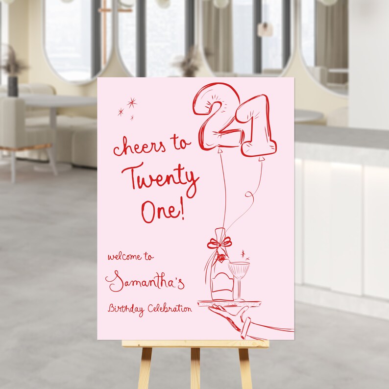 21st Welcome Sign Red and Pink Birthday Sign Girl, Editable Pink Bow ...