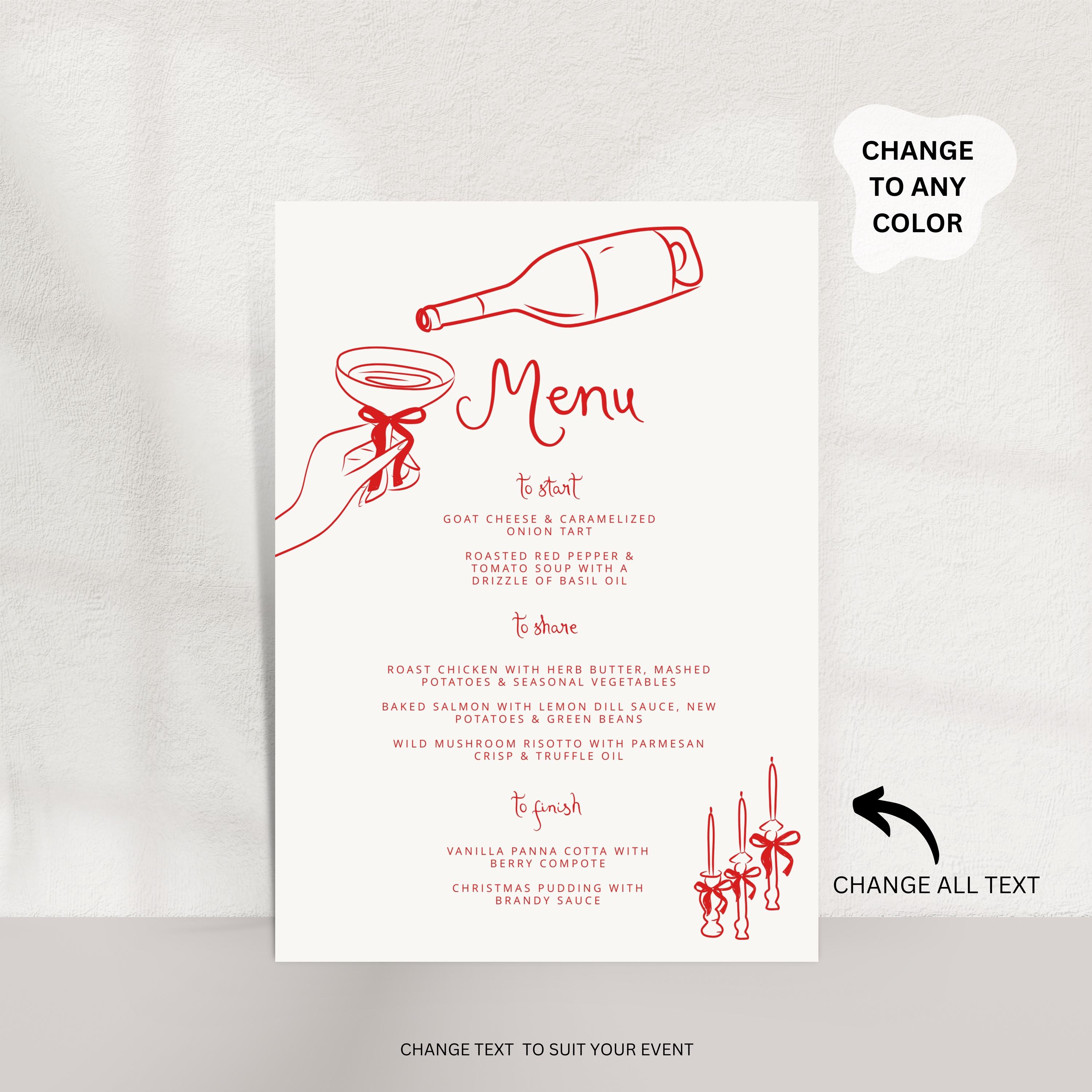 Red Menu Template Printable, Hand Drawn Line Art Christmas Food Menu ...