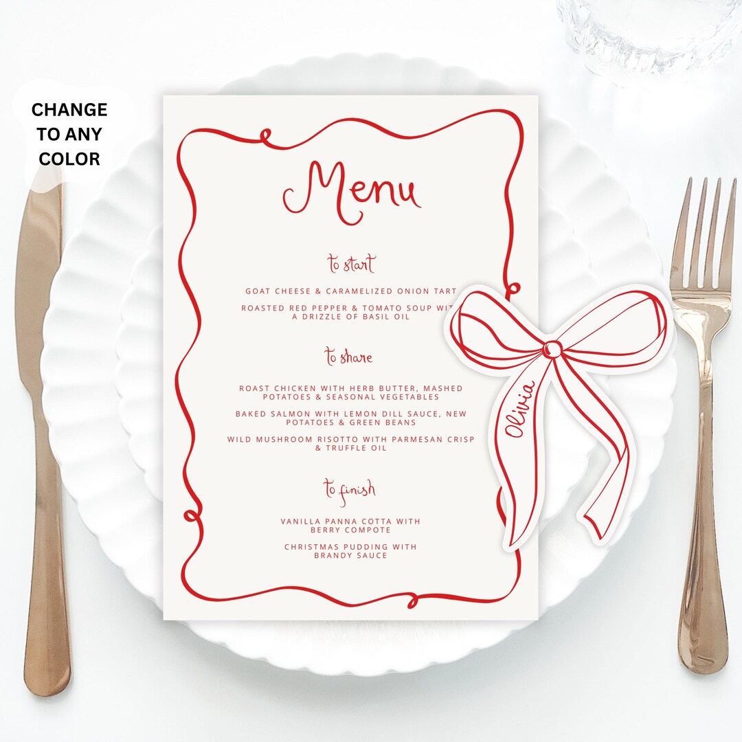 Red Bow Place Cards and Menu Template, Whimsical Placecard Red Place ...