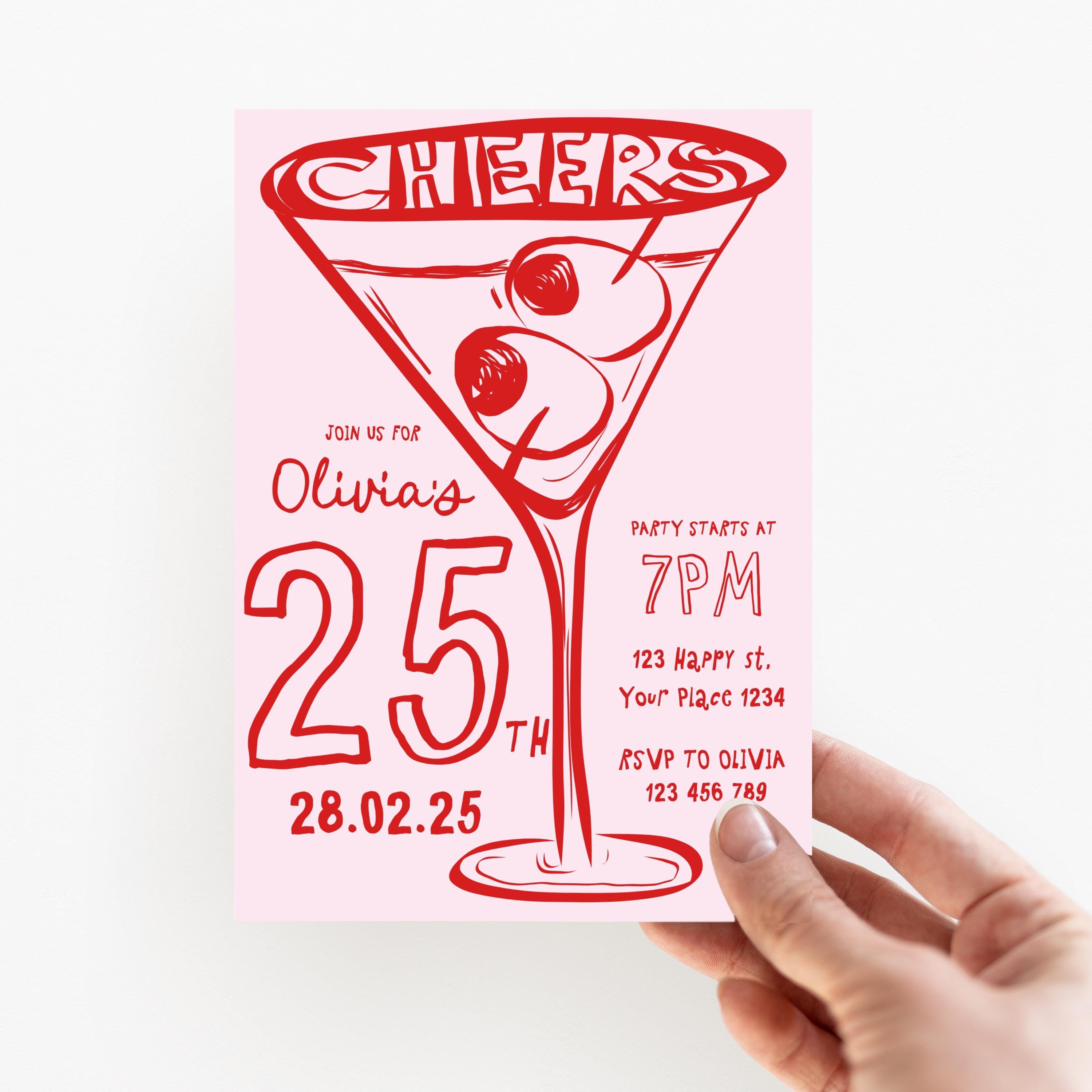 25th Birthday Invitation, Whimsical Twenty Five Birthday Invite, Red ...