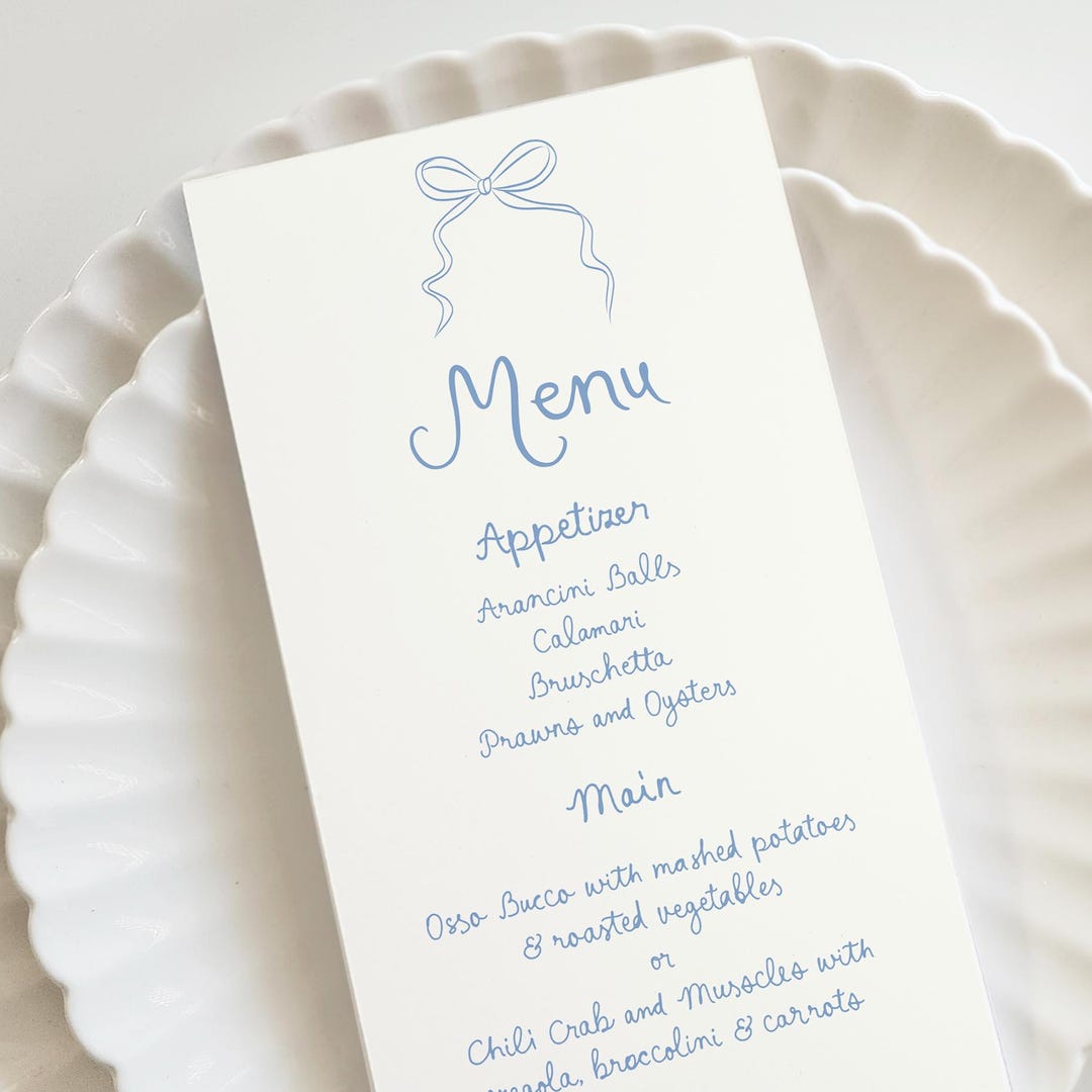 Blue Bow Menu Template, Beach Bachelorette Party Decor Tags, Blue ...