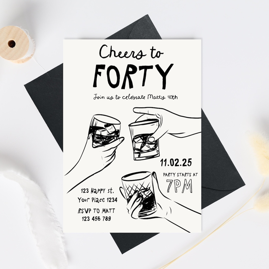 40th Birthday Invitation Template, Male 40th Birthday Invite, Cheers to ...