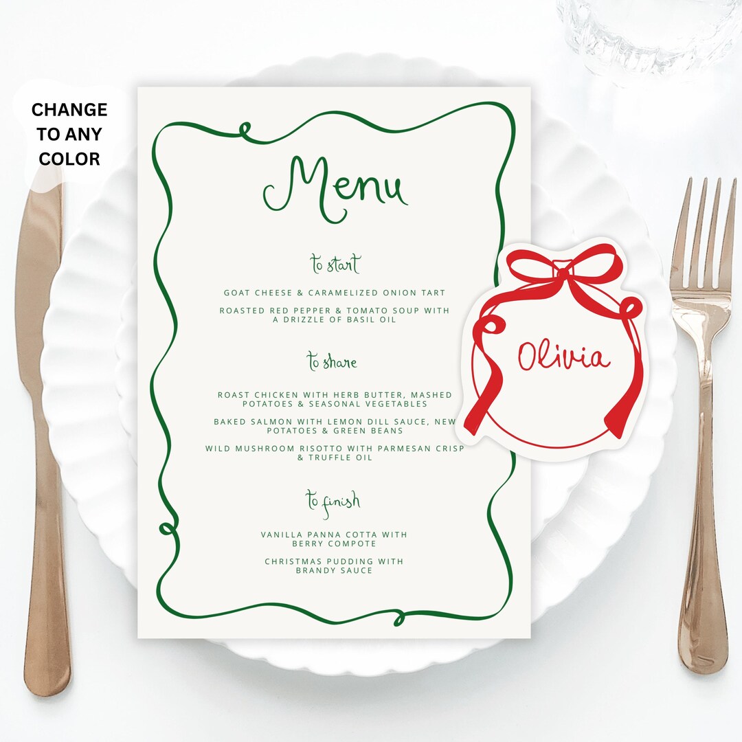 Red Bauble Place Cards and Menu Template, Whimsical Placecard Red Place ...