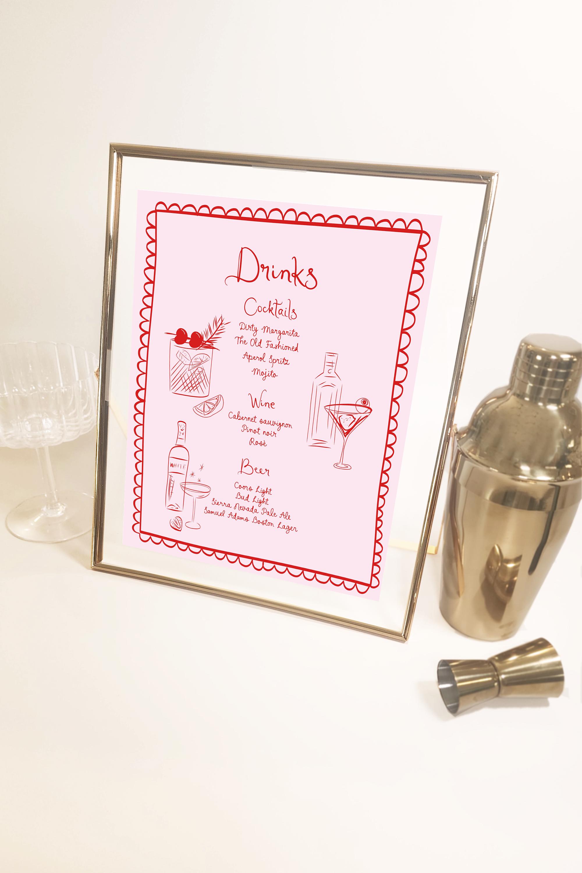 Pink Drink Bar Menu Template Printable, Hand Drawn Line Art Illustrated ...