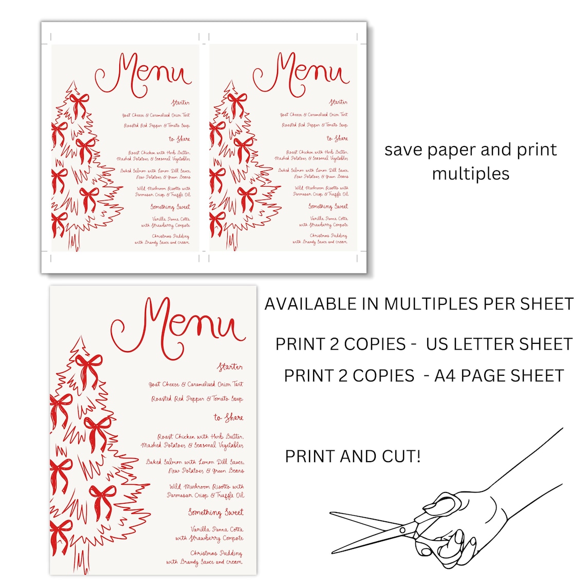 Christmas Menu Template Printable, Hand Drawn Line Art Christmas Food ...