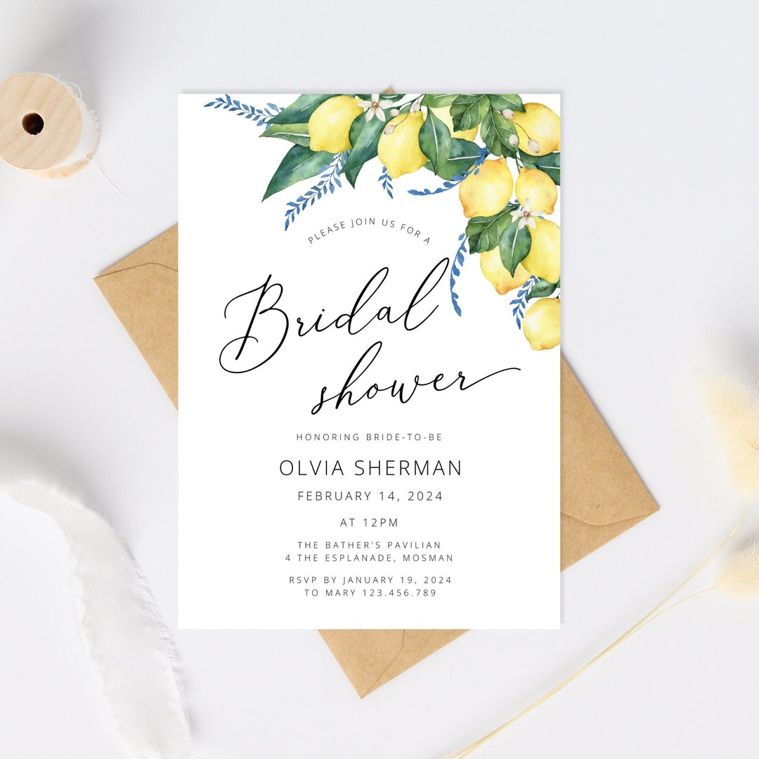 Lemon Bridal Shower Invitation Template, Italian Blue Tiles Bridal ...