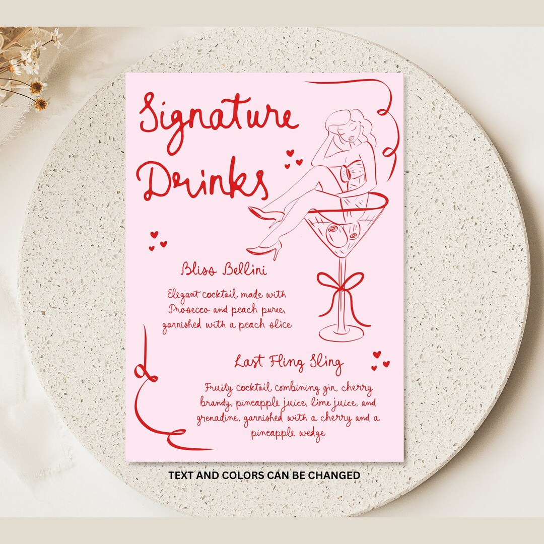 Pink Bachelorette Party Signature Drink Handwritten Bachelorette Bar ...