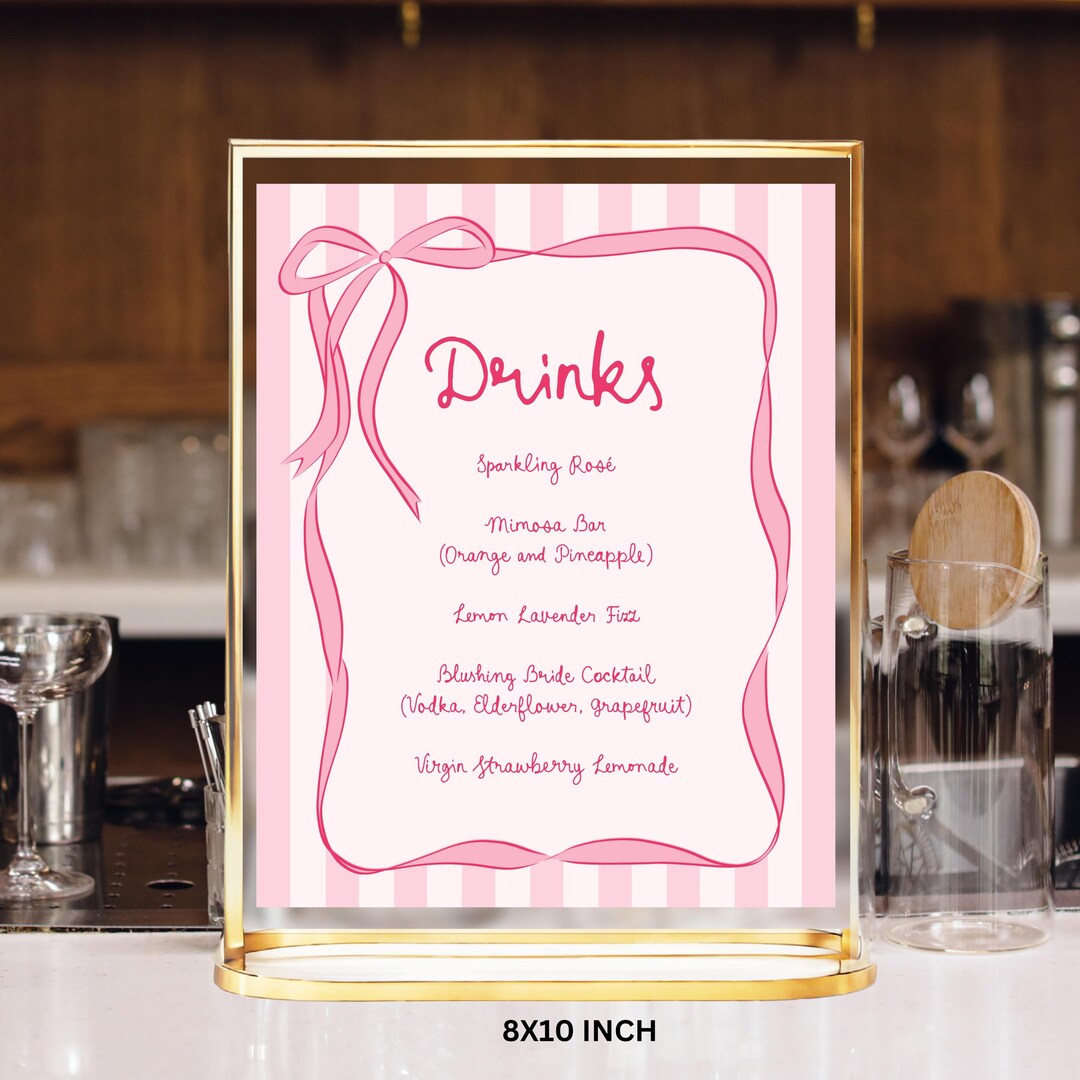 Pink Drinks Menu Template Printable, Pink Bow Bar Menu, Signature ...