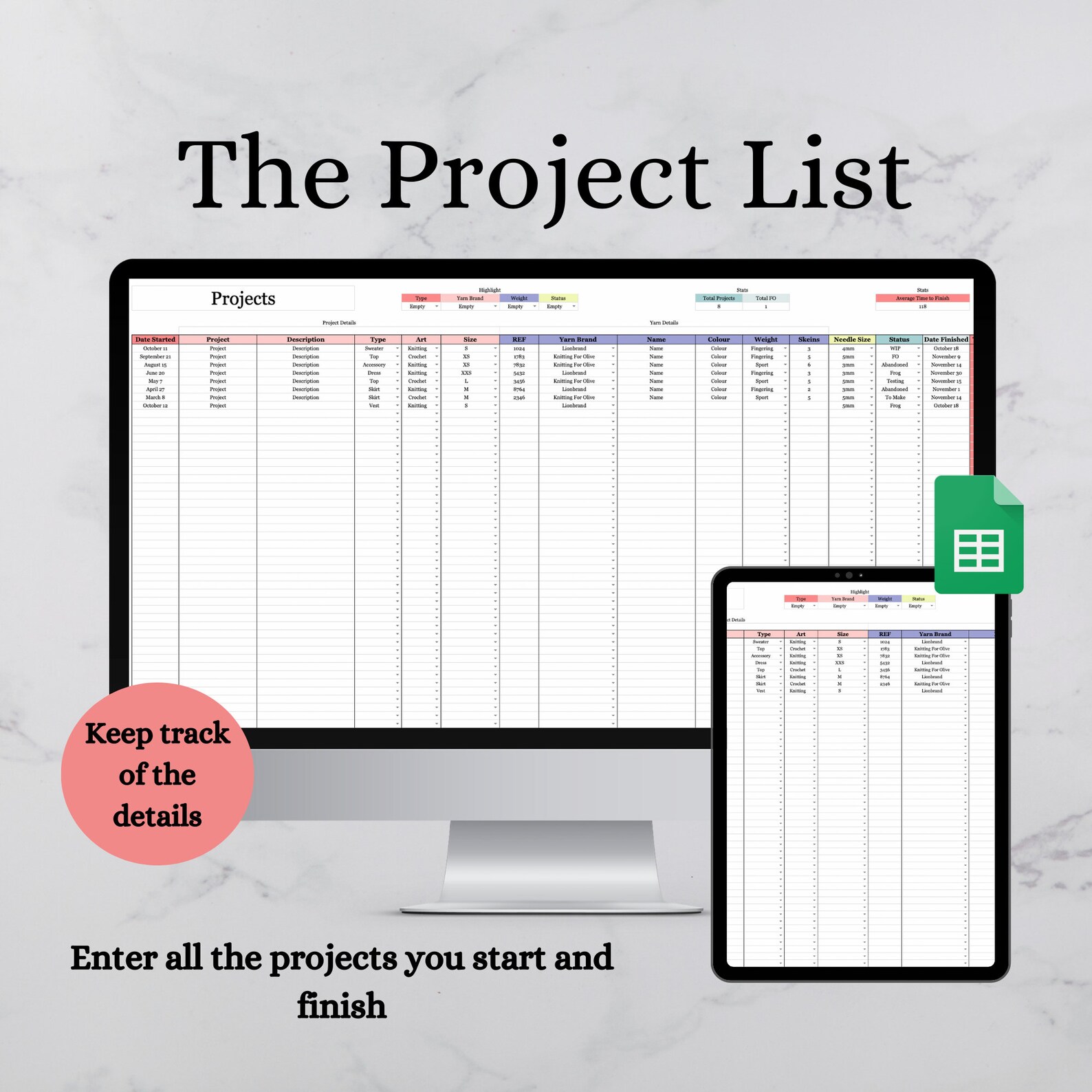 Knitting & Crochet Project Tracker: Yarn Inventory Spreadsheet (google ...