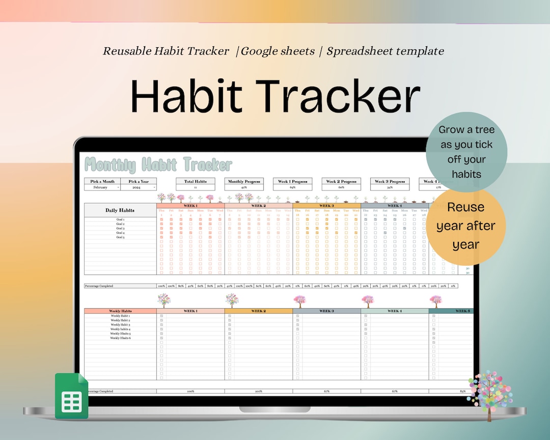 Habit Tracker Spreadsheet Google Sheets Daily Habit Planner Weekly ...