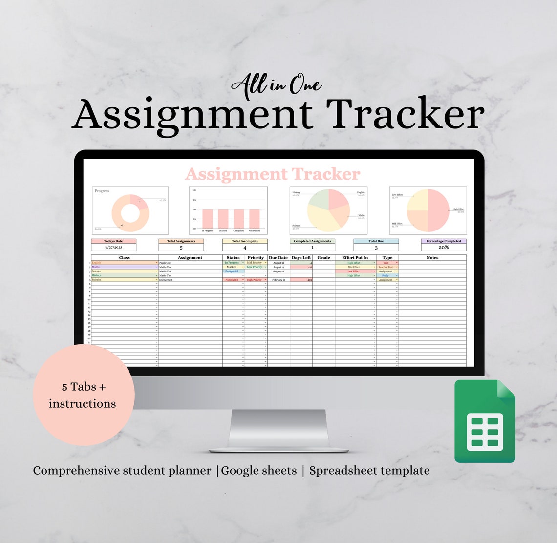 Student Planner & Assignment Tracker Google Sheets Excel College ...