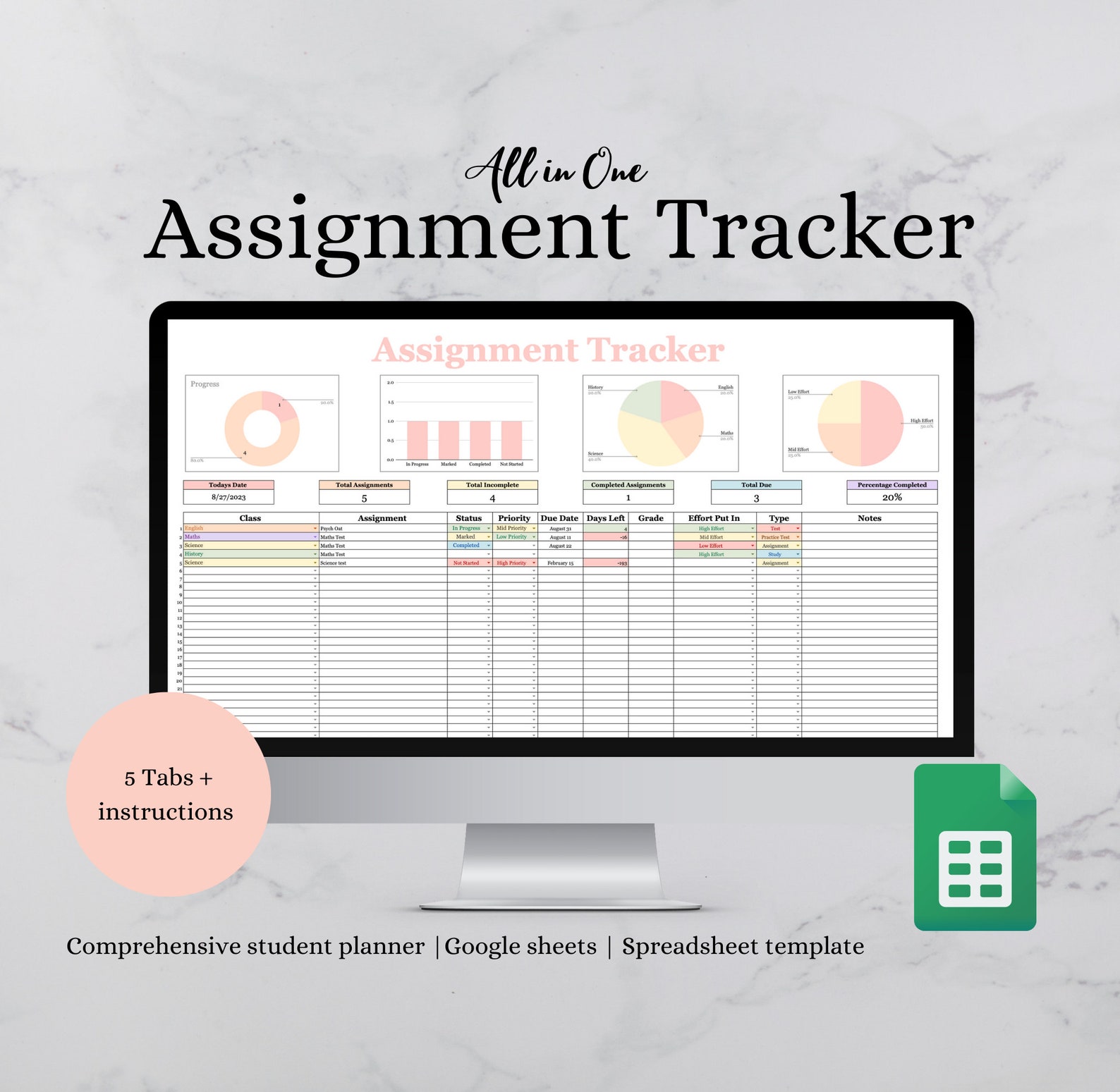 Student Planner & Assignment Tracker Google Sheets Excel College ...