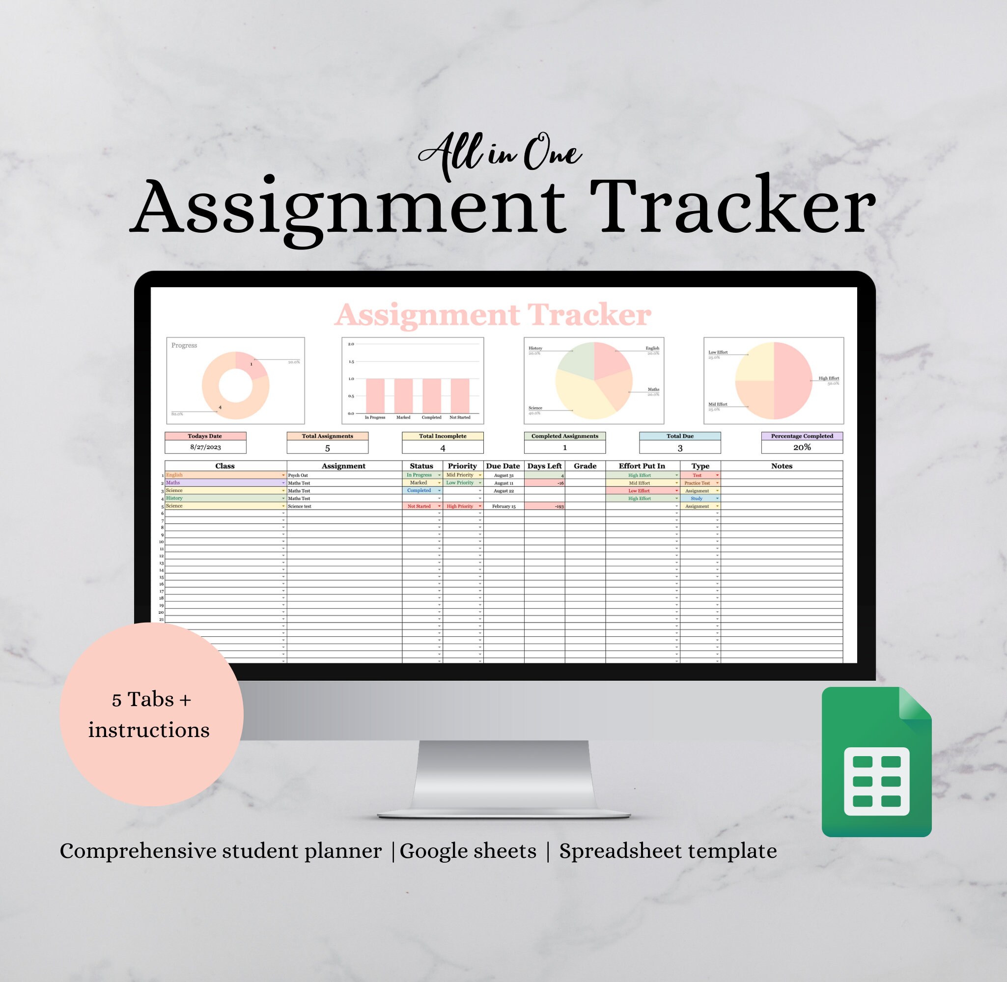Student Planner & Assignment Tracker Google Sheets Excel College ...